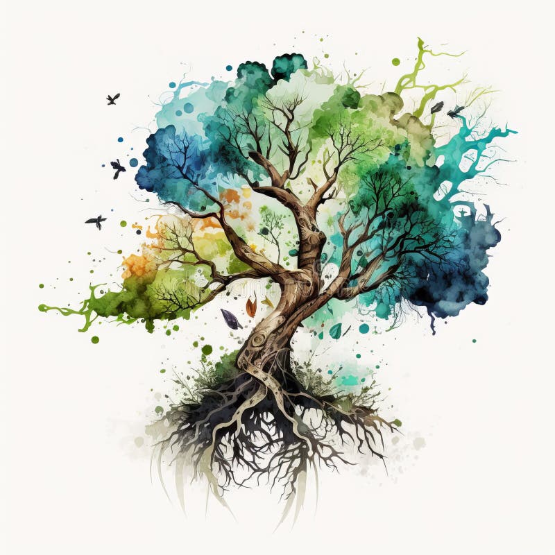 Drawing of a Tree with Roots in Bright Colors Watercolor Generative AI ...