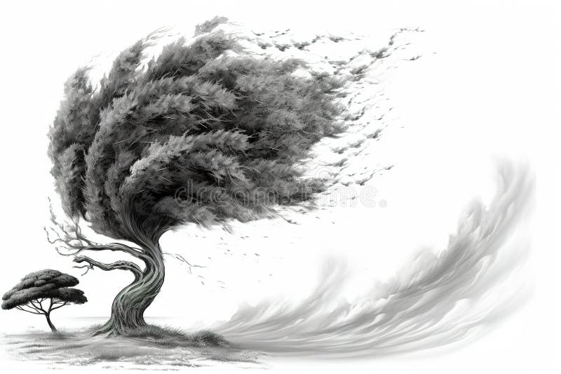 Drawing Tree in Strong Wind Isolated on White Background. AI Generated ...