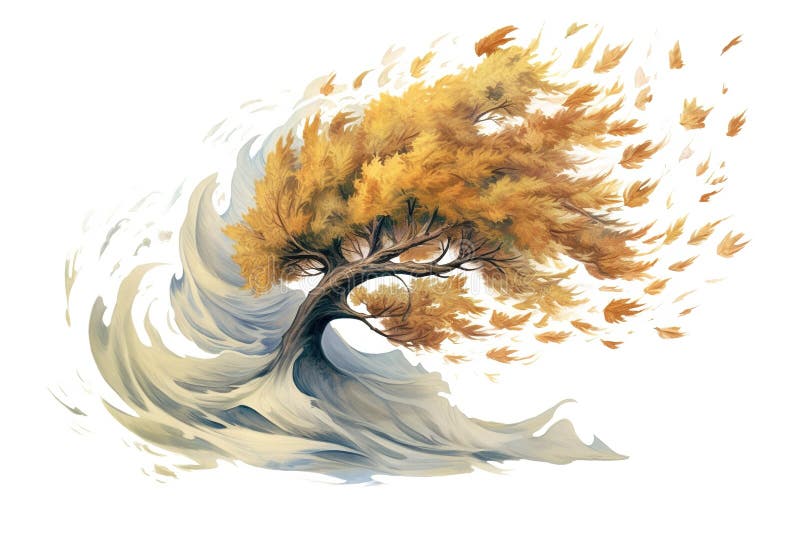 Drawing Tree in Strong Wind Isolated on White Background. AI Generated ...