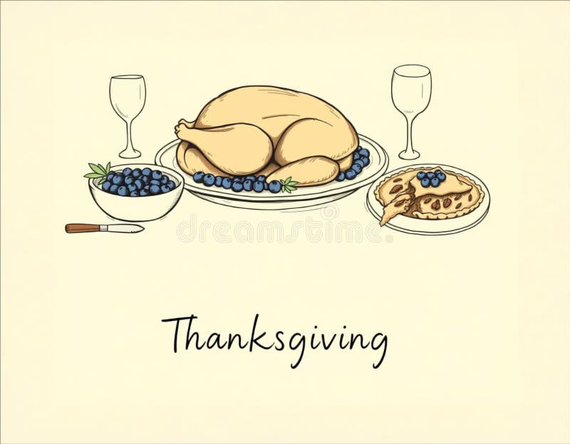 A Drawing of a Turkey and a Plate of Pie with Blueberries with a Spoon ...