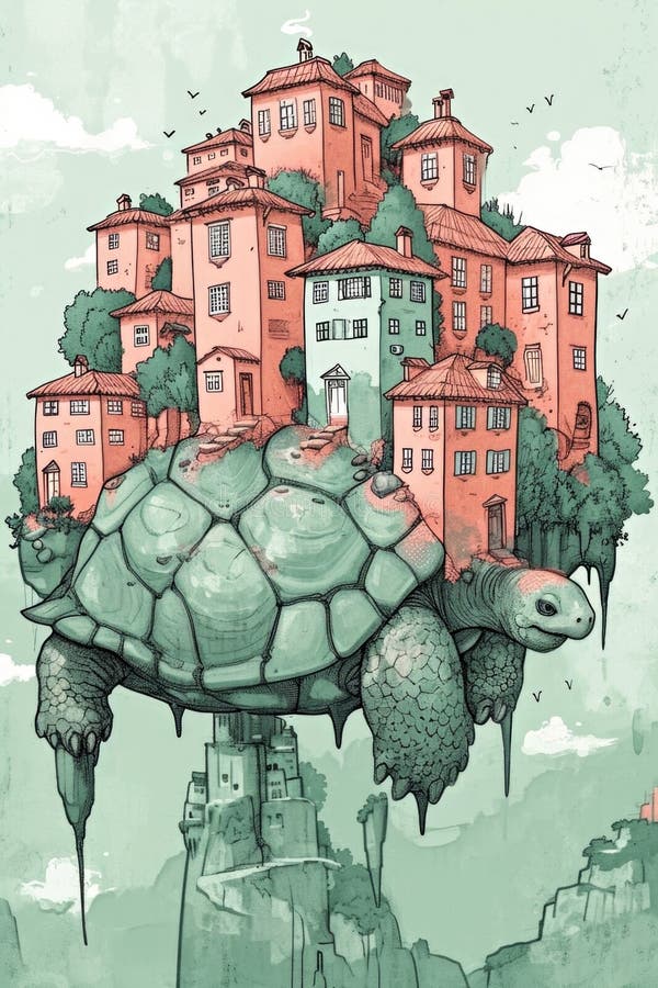 A Drawing of a Turtle on Top of a Building Stock Image - Image of ...