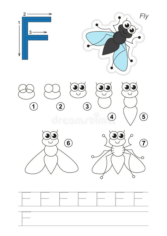 Drawing Tutorial. Game for Letter F. the Funny Fly. Stock Vector ...