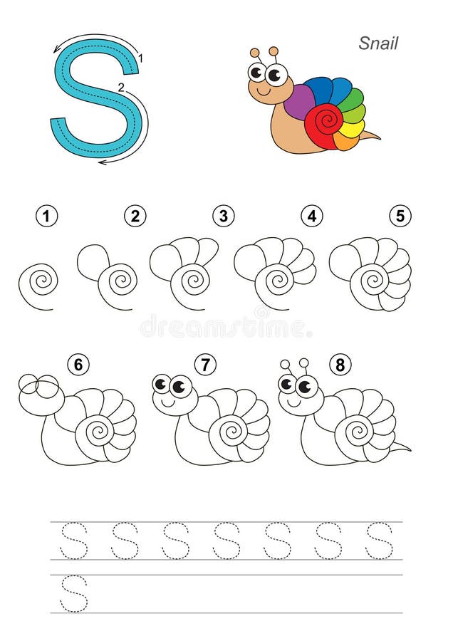 Drawing Tutorial. Game For Letter S. The Snail. Stock Vector ...