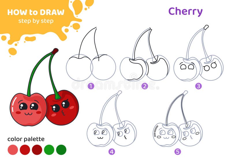 Drawing Tutorial for Kids. How To Draw Cherry. Stock Vector ...