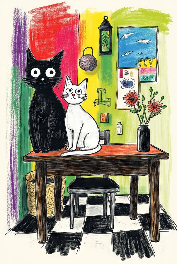 A Drawing of Two Cats Sitting at a Table in a Room Stock Photo - Image ...