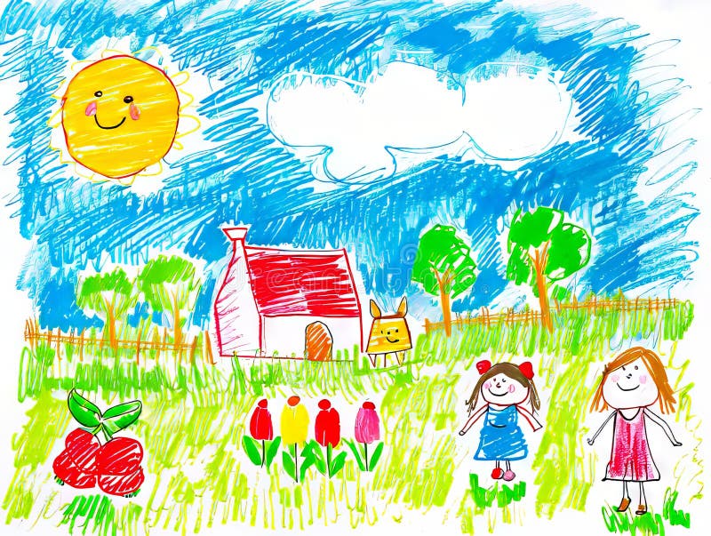 A Drawing of Two Children in a Field Stock Photo - Image of generated ...