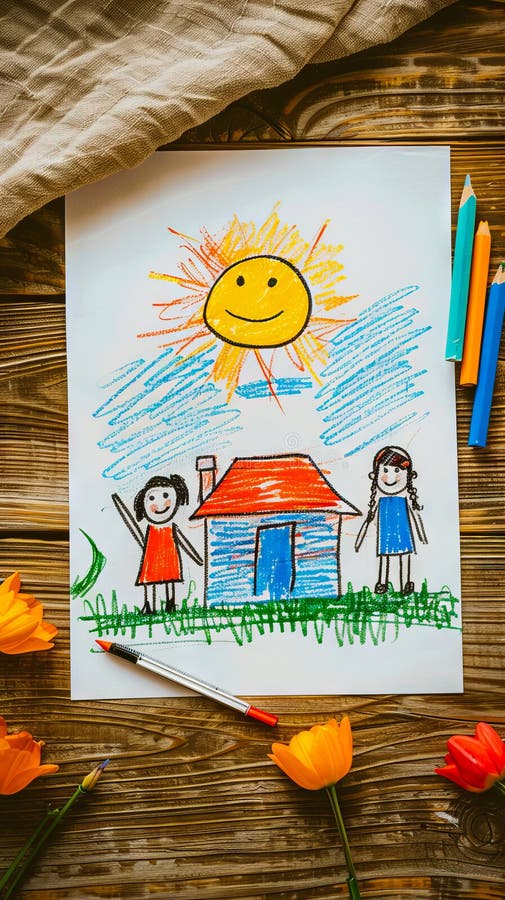A Drawing of Two Children and a House with Sun Stock Image - Image of ...