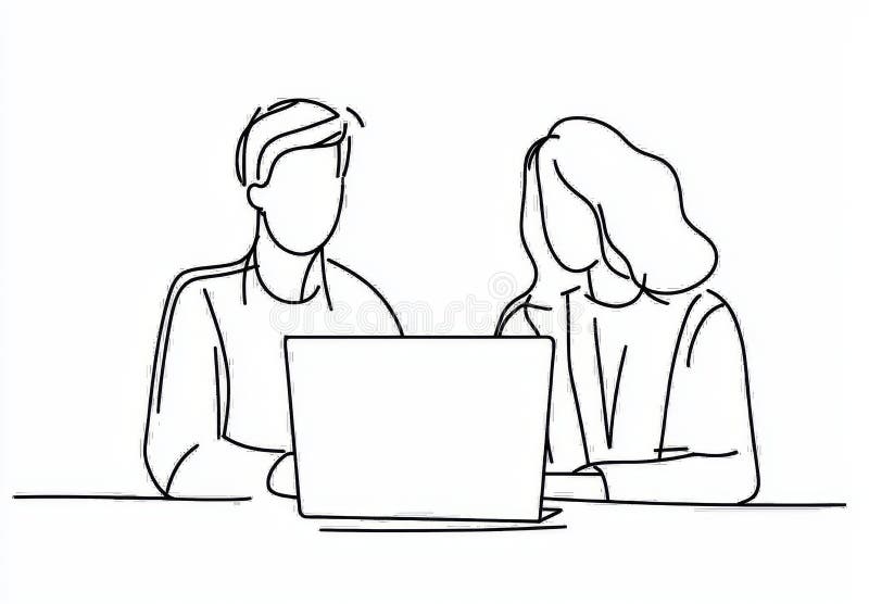 Drawing of Two Creative Coworkers Sitting with a Laptop. they Discuss ...