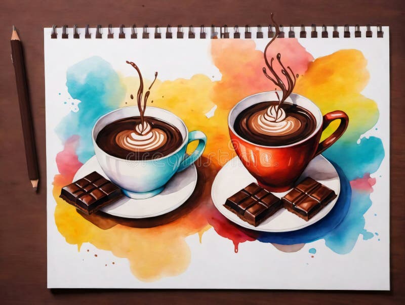 A Drawing of Two Cups of Coffee on a Plate. Generative AI Stock ...