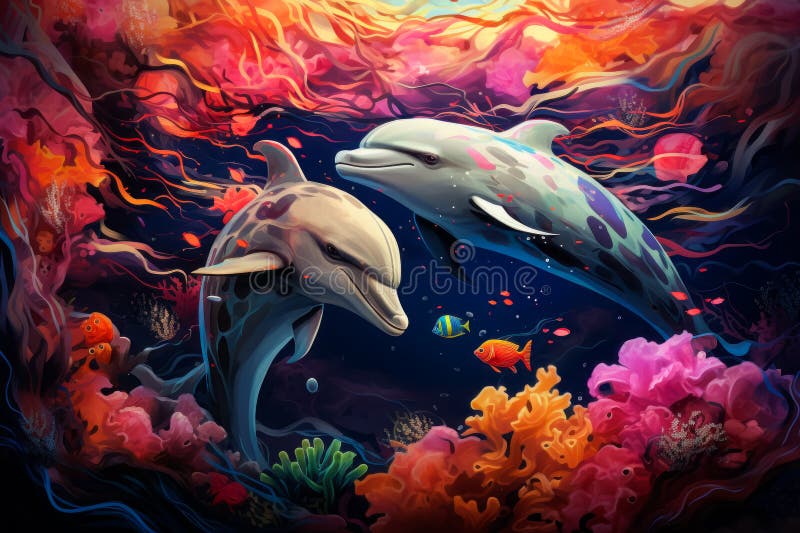 Drawing of Two Dolphins in the Sea among Algae Stock Photo - Image of ...