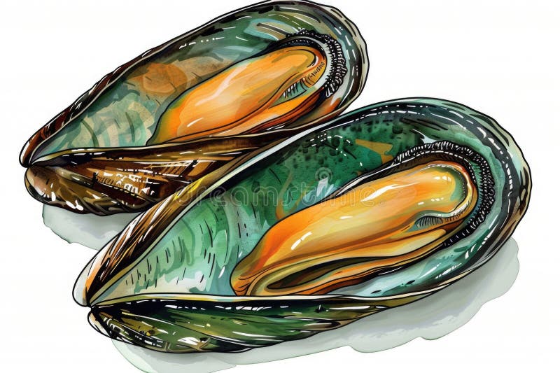 A Drawing of Two Mussels on a Plate, Suitable for Food Concepts Stock ...