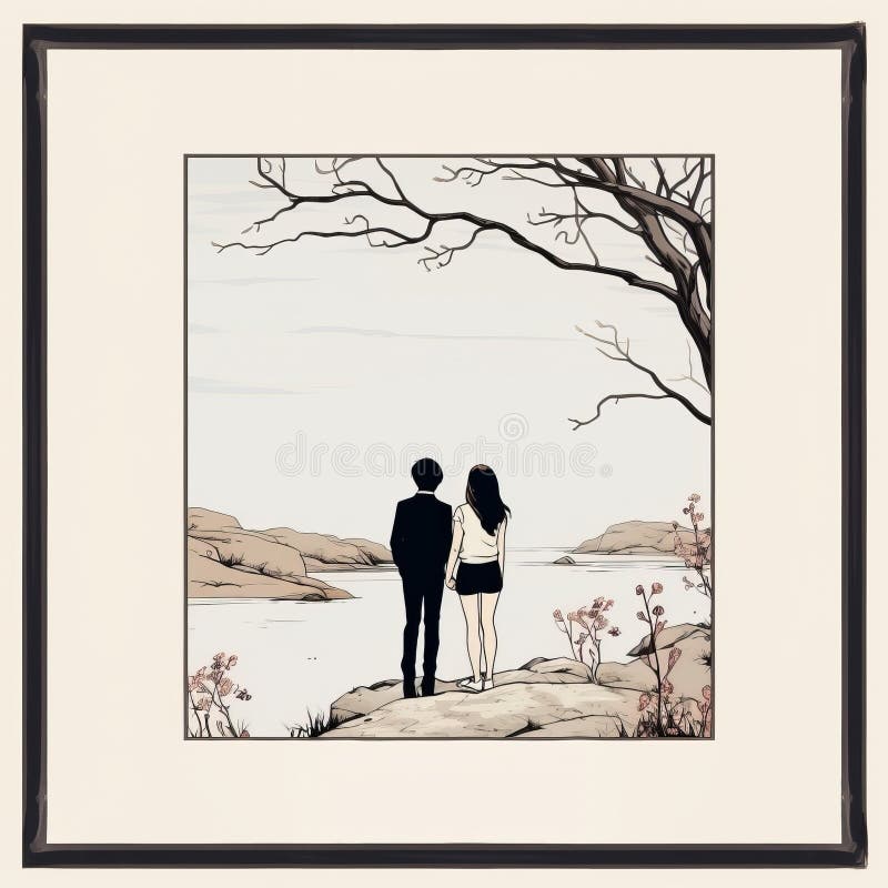 A Drawing of Two People Looking Out Over the Water Stock Illustration ...