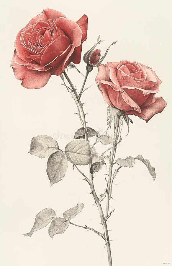 Drawing of Two Roses in a Vase with a White Background Stock ...