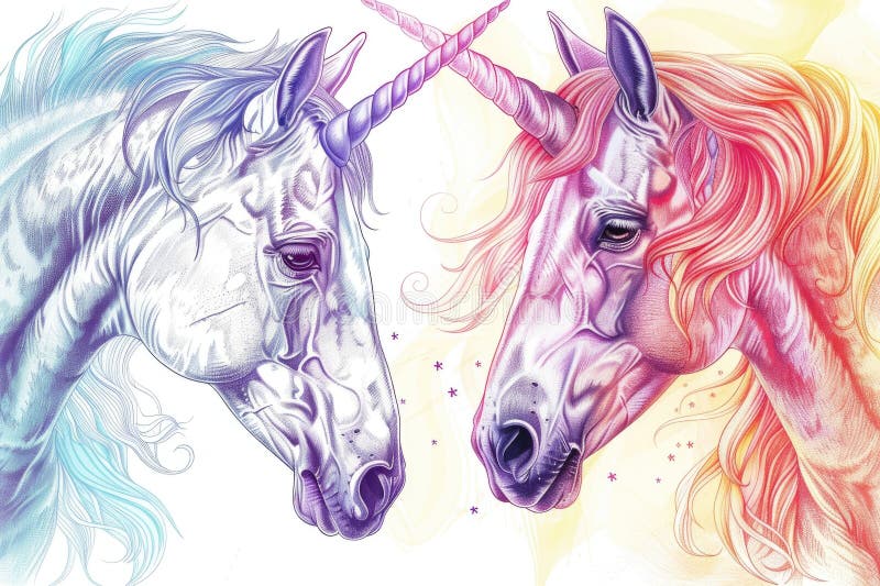 A Drawing of Two Unicorns Facing Each Other, Ideal for Fantasy Themed ...