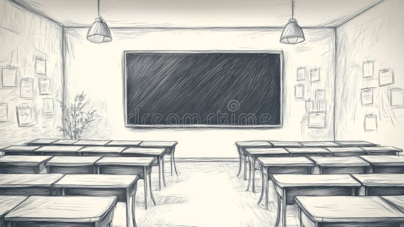 Drawing of an Unoccupied Classroom Featuring Desks and a Blackboard ...