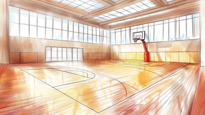 Drawing of an Unoccupied Indoor Basketball Court Stock Image - Image of ...