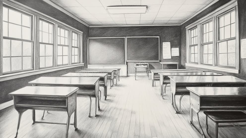 Drawing of a Vacant Classroom Featuring Desks and a Whiteboard Stock ...