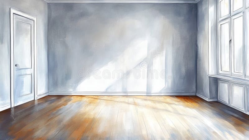 Drawing of a Vacant Room Featuring Wooden Beams and a Window Stock ...