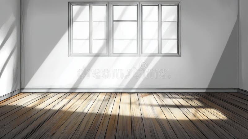 Drawing of a Vacant Room Featuring a Wooden Floor and Window Stock ...