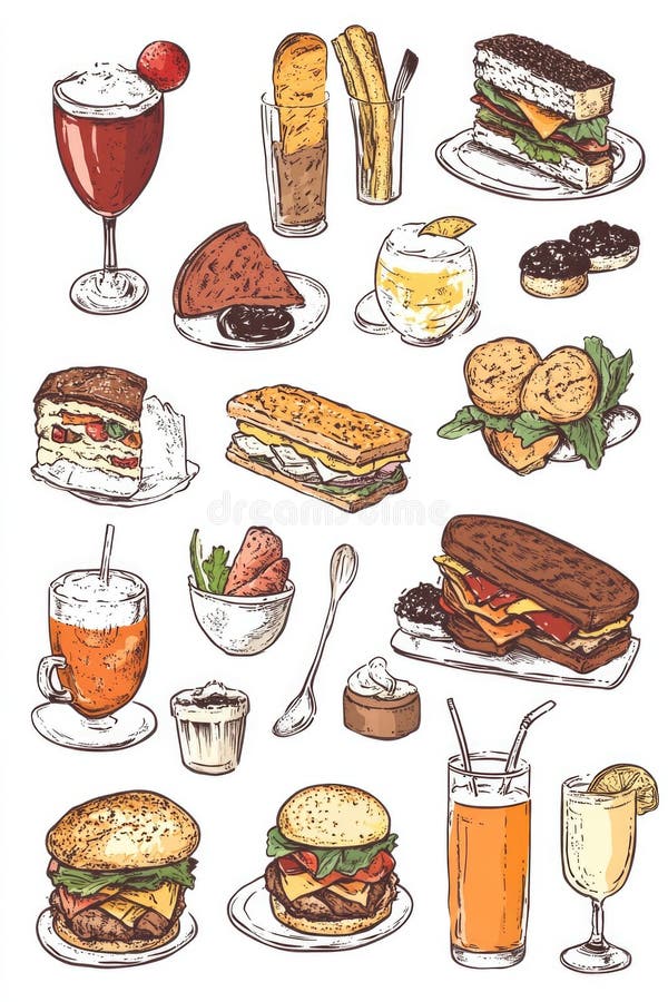 Drawing of Various Food Items and Drinks, Including a Hamburger, a ...