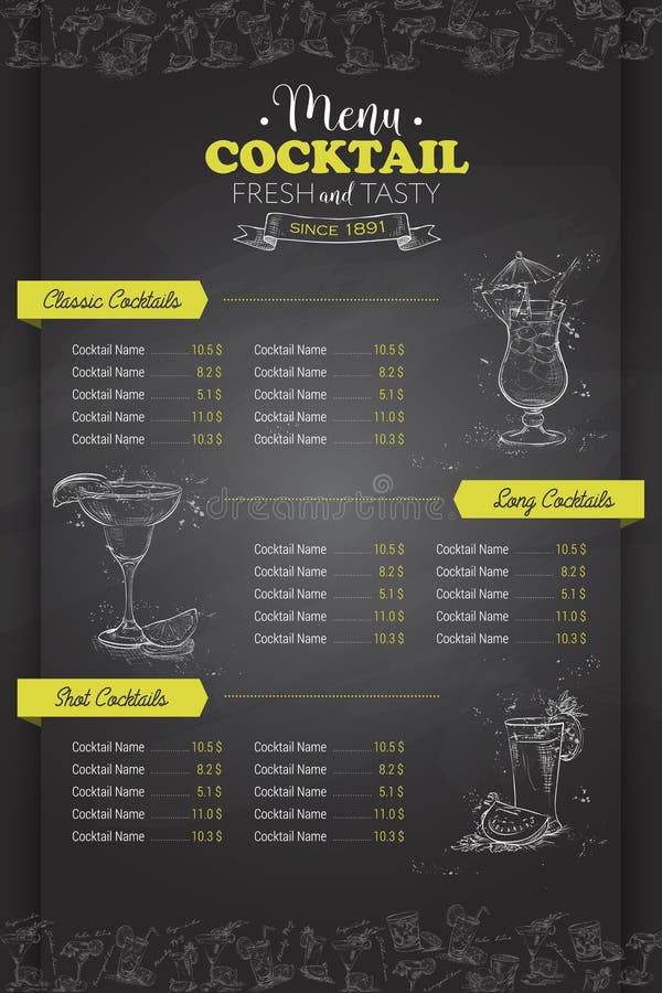 Drawing Vertical Cocktail Menu Design Stock Vector - Illustration of ...