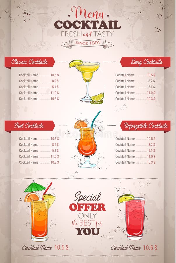 Drawing Vertical Color Cocktail Menu Design Stock Vector - Illustration ...