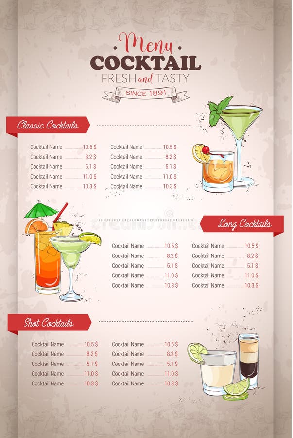Drawing Vertical Color Cocktail Menu Design Stock Vector - Illustration ...