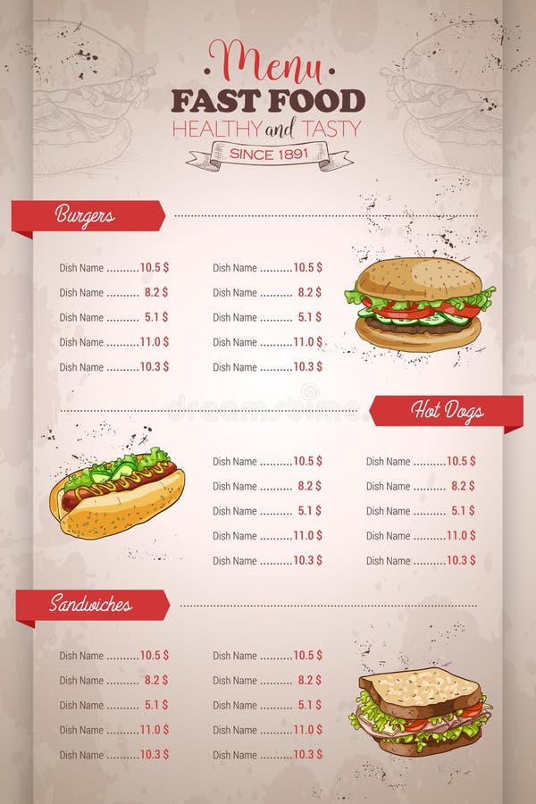 Drawing Vertical Color Fast Food Menu Design Stock Vector ...
