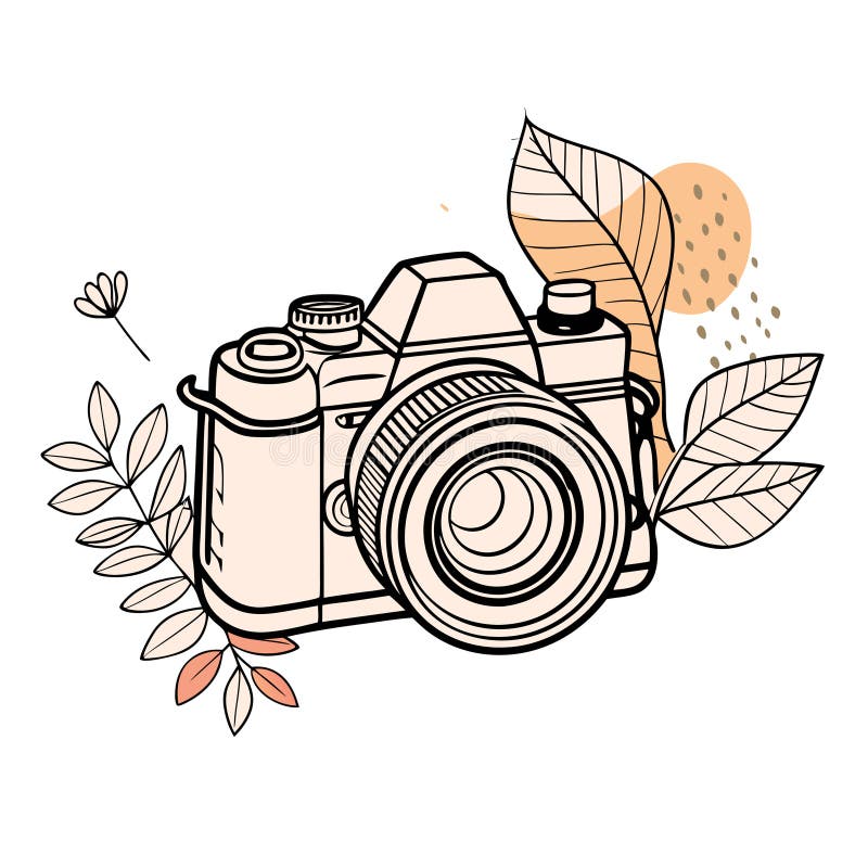 A Drawing of a Vintage Camera Adorned with Simple Floral Elements and ...