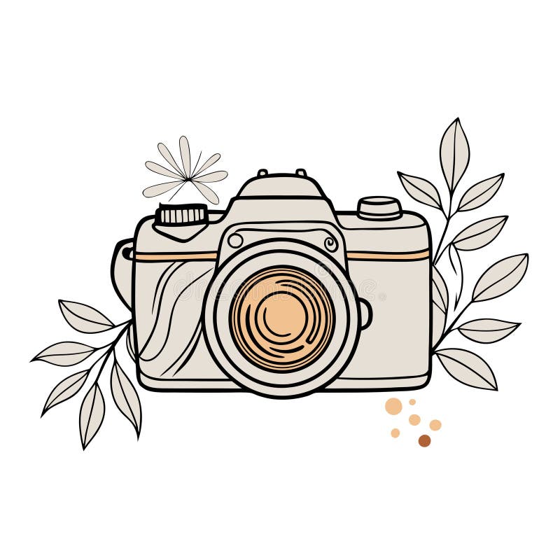 A Drawing of a Vintage Camera Adorned with Simple Floral Elements and ...