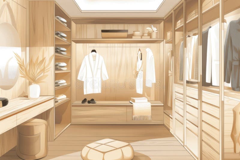 A Drawing of a Walk-in Closet with Clothes on Hangers. Ideal for ...