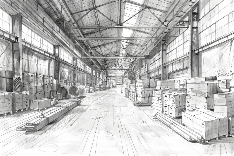 A Drawing of a Warehouse Filled with Boxes. Ideal for Business and ...