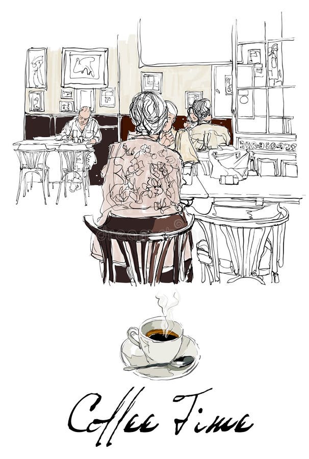 Drawing and Watercolor Showing People Having Coffee in a Cafe Stock ...