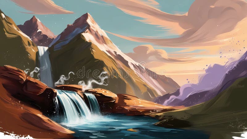 Drawing of a Waterfall Landscape with Mountains Stock Illustration ...