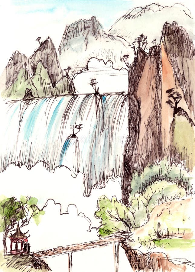 Drawing of a Waterfall in the Mountains and a Bridge with a Gazebo ...