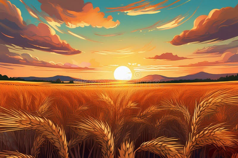 Drawing of Wheat Fields in the Sunset Stock Illustration - Illustration ...