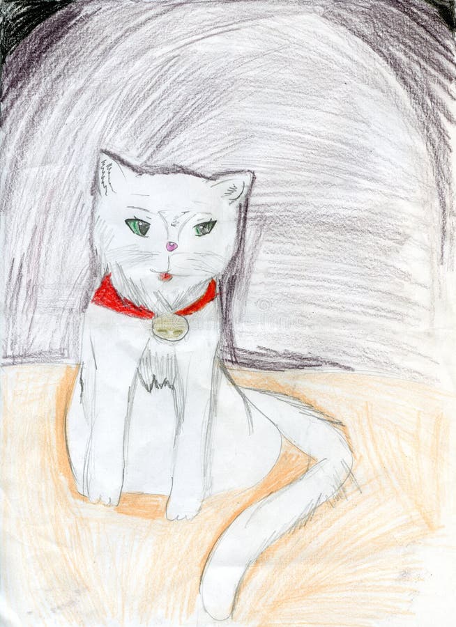 Drawing of a White Cat with Colored Pencils Stock Illustration ...