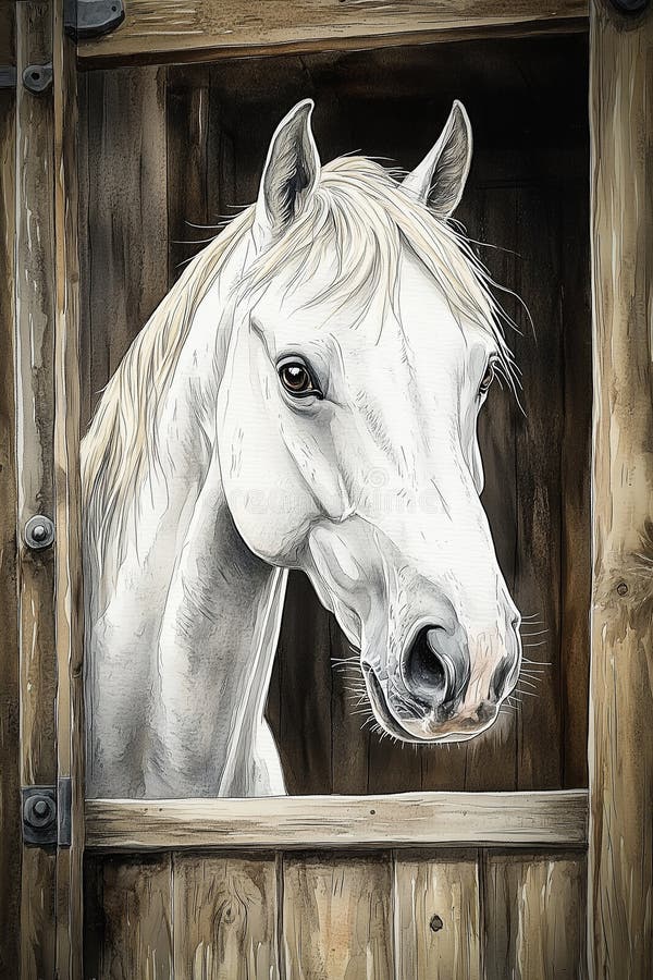 Drawing of a White Horse in a Stable Stock Illustration - Illustration ...