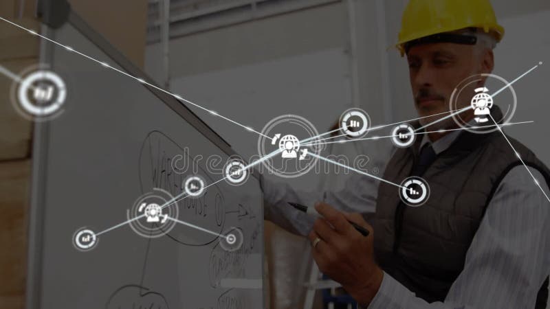Drawing on Whiteboard, Construction Worker with Hard Hat, Network ...