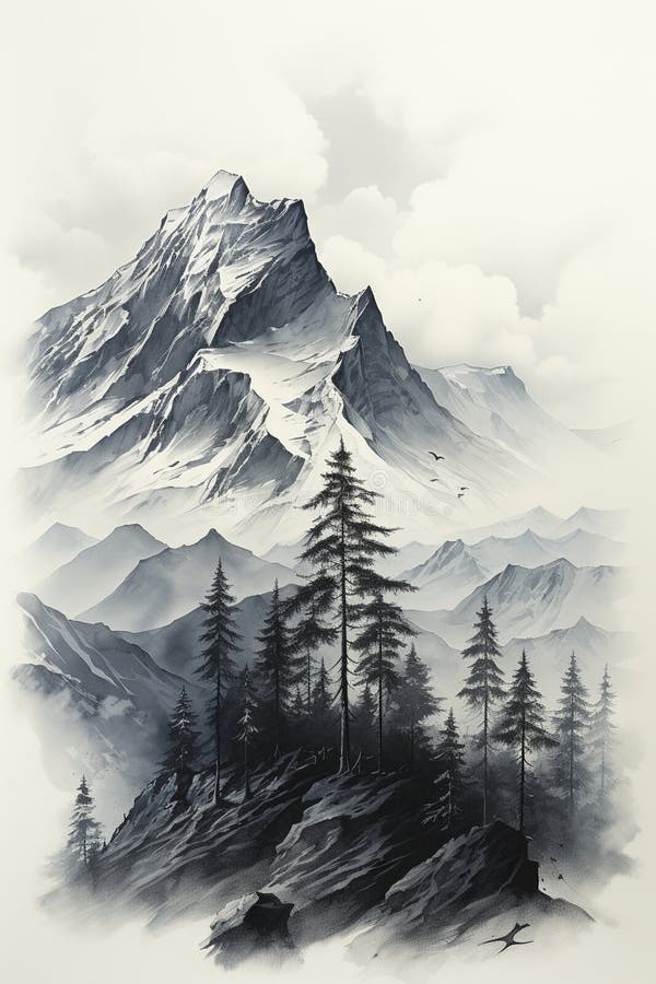 Drawing of Winter Mountain, Created with Generative AI Stock ...