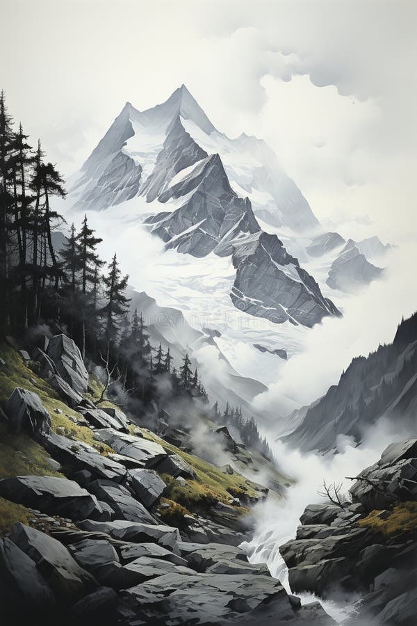 Drawing of Winter Mountain, Created with Generative AI Stock ...