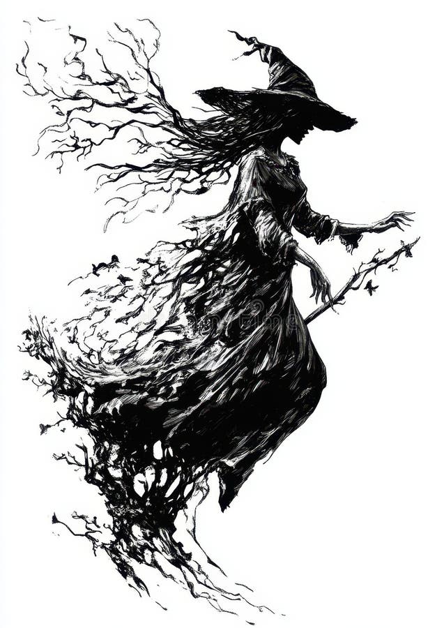 A Drawing of a Witch Flying through the Air Stock Illustration ...