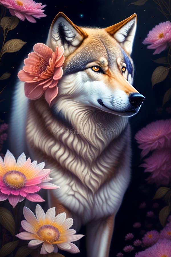 Drawing of a Wolf with Flowers on Its Head, a Detailed Drawing Stock ...