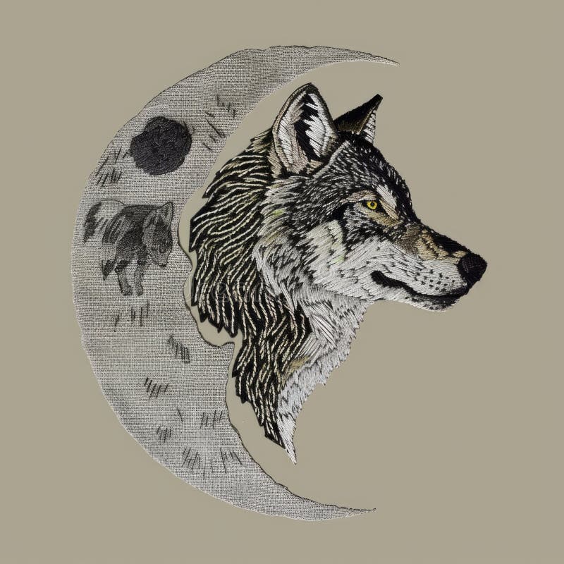 A Drawing of a Wolf on a Half Moon, Embroidery on White Background ...