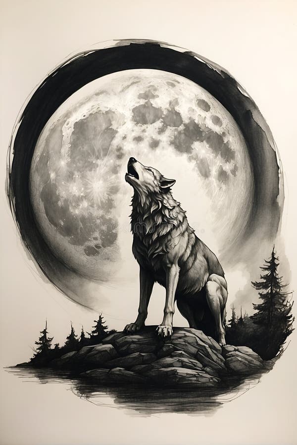 Drawing of a Wolf Sitting on a Rock with the Moon in the Background ...
