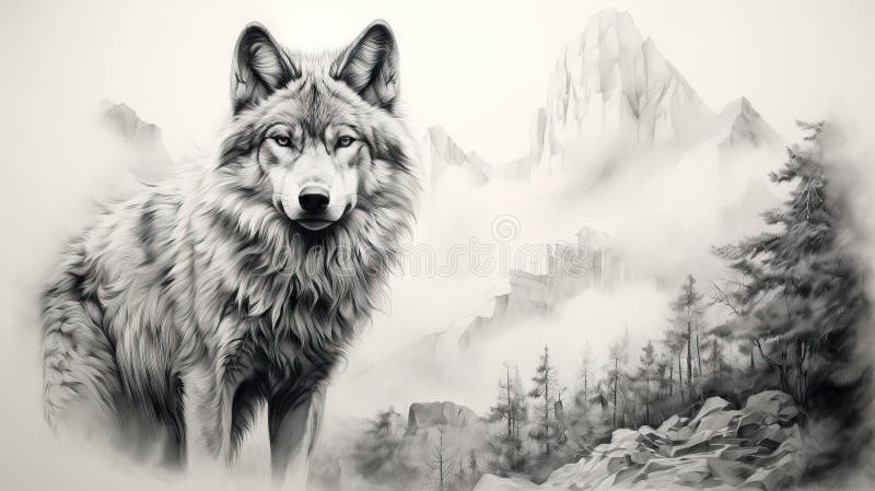 A Drawing of a Wolf Standing in Front of a Mountain. Generative Ai ...