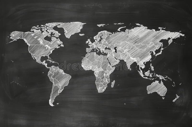 Drawing of a World Map on a Blackboard with Chalk. Stock Photo - Image ...