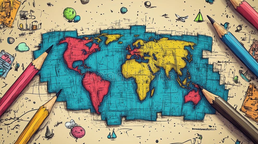 A Drawing of a World Map with Colored Pencils and Other Objects, AI ...