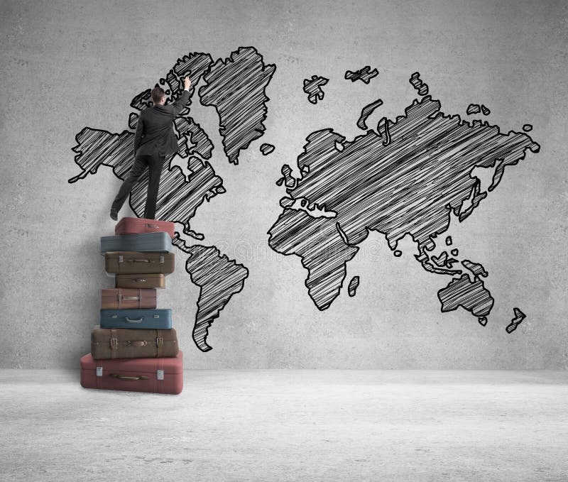 Man drawing world map stock image. Image of room, luggage - 33873321
