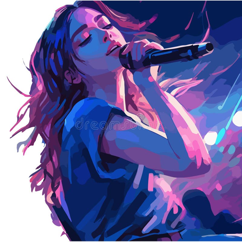 Drawing of a Young Girl with a Microphone Singing a Song. Stock Image ...
